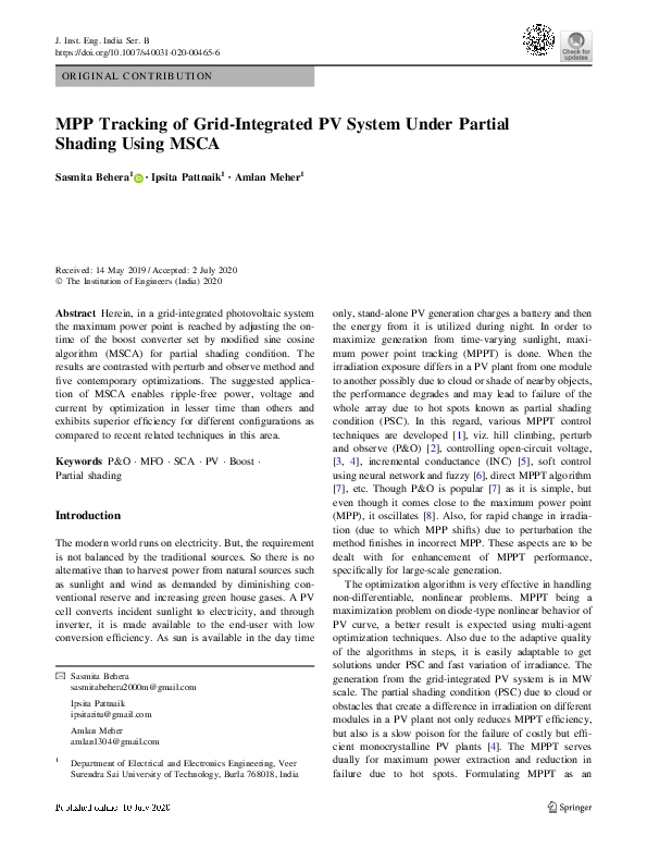(PDF) MPP Tracking of Grid-Integrated PV System Under Partial Shading Using MSCA