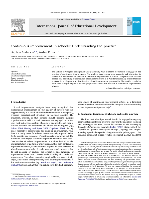 (PDF) Continuous improvement in schools: Understanding the practice