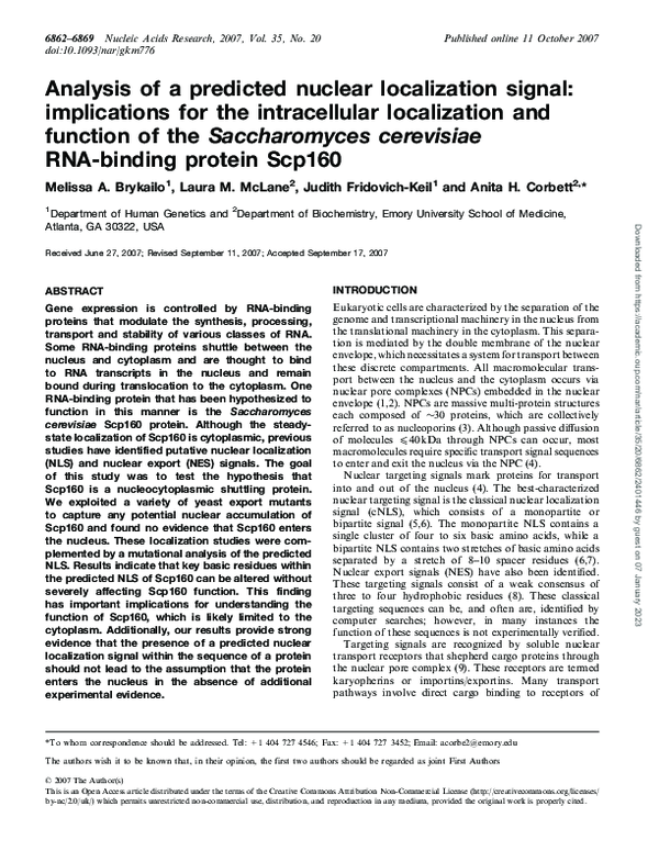 (PDF) Analysis of a predicted nuclear localization signal: implications for the intracellular ...