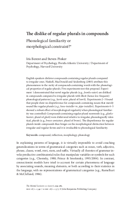 (PDF) The dislike of regular plurals in compounds