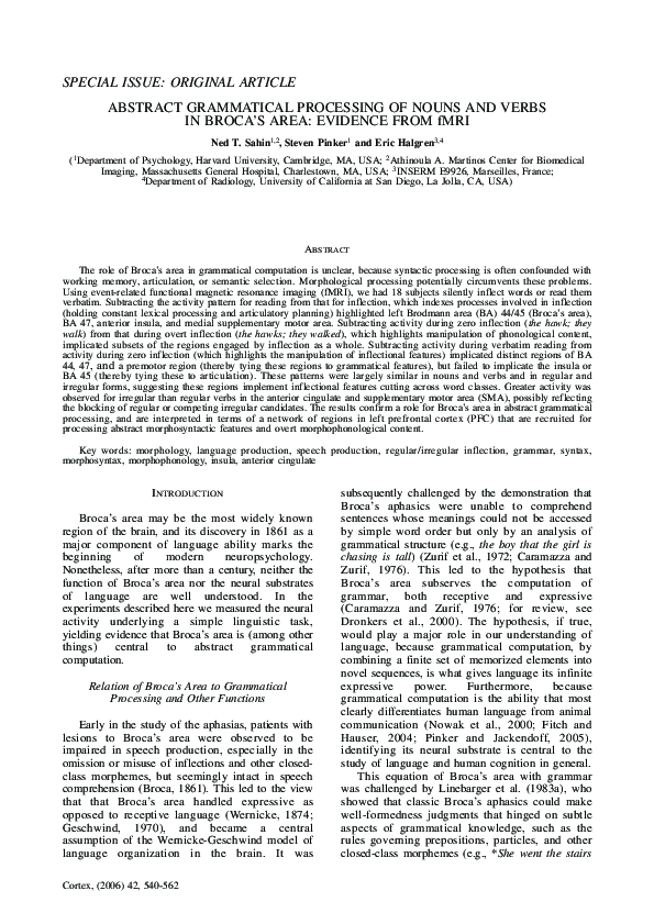 (PDF) Abstract Grammatical Processing of Nouns and Verbs in Broca's ...