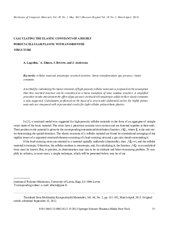 (PDF) Calculating the elastic constants of a highly porous cellular plastic with an oriented ...