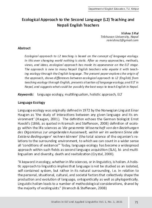 (PDF) Ecological Approach to the Second Language (L2) Teaching and Nepali English Teachers ...