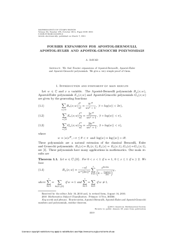 (PDF) Fourier expansions for Apostol-Bernoulli, Apostol-Euler and Apostol-Genocchi polynomials ...