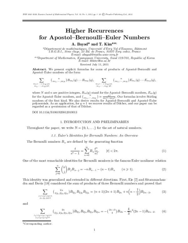 Pdf Higher Recurrences For Apostol Bernoulli Euler Numbers