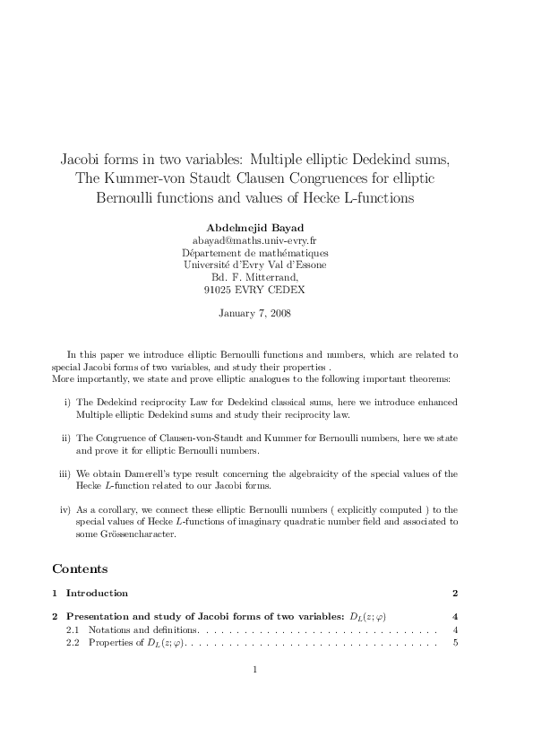 Pdf Jacobi Forms In Two Variables Multiple Elliptic Dedekind Sums The Kummer Von Staudt