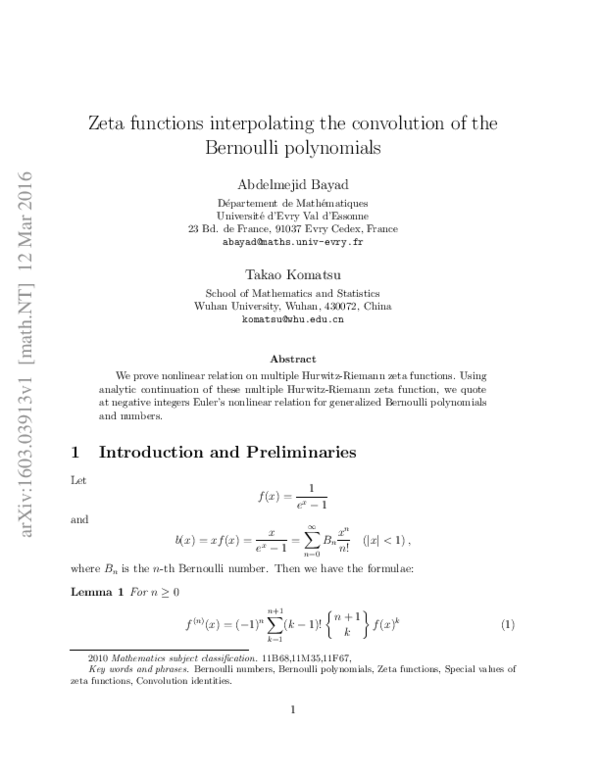 (PDF) Zeta functions interpolating the convolution of the Bernoulli polynomials | Abdelmejid ...