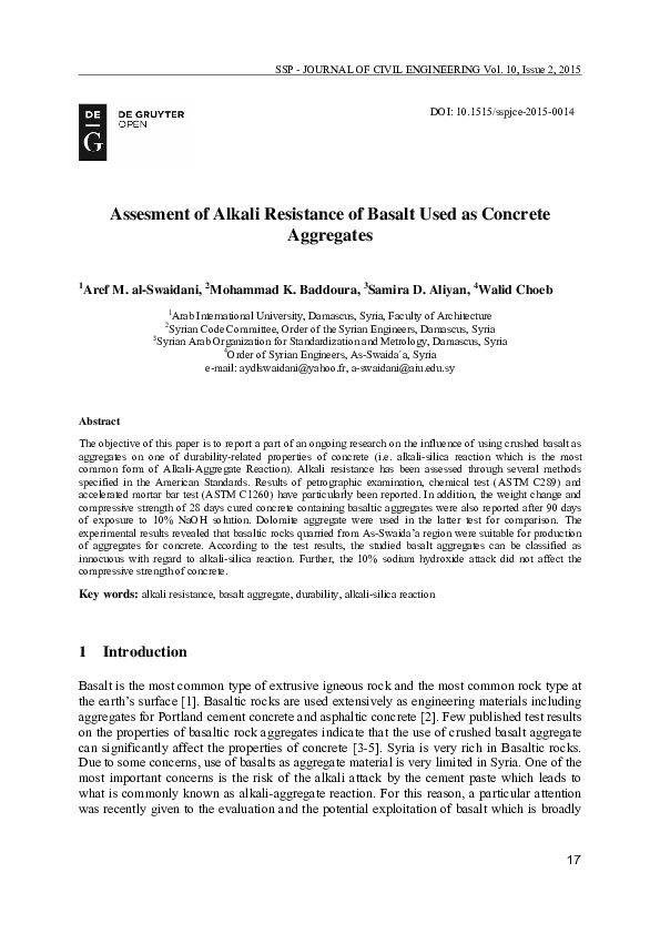 (PDF) Assesment of Alkali Resistance of Basalt Used as Concrete Aggregates
