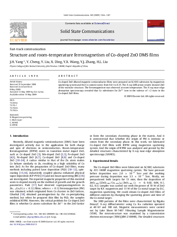 (PDF) Structure and room-temperature ferromagnetism of Co-doped ZnO DMS films