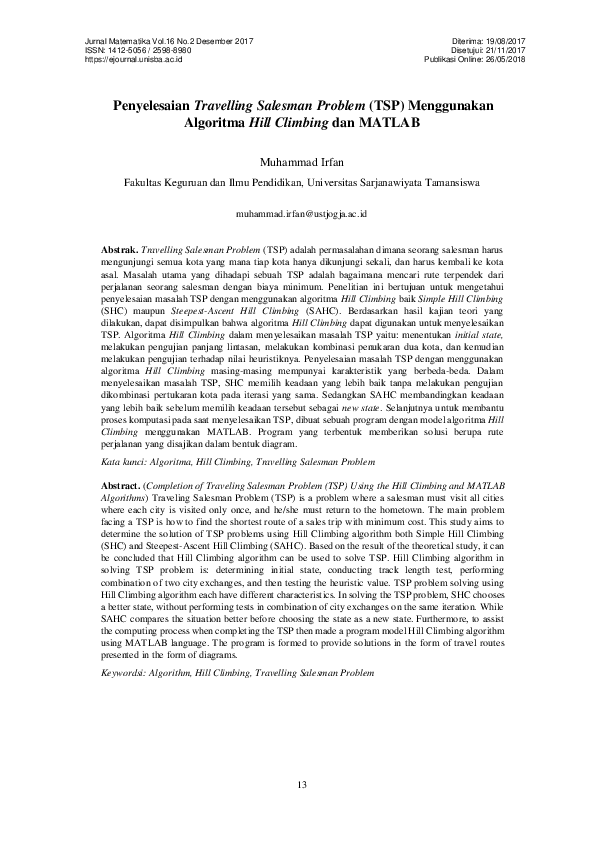 (PDF) Penyelesaian Travelling Salesman Problem (TSP) Menggunakan Algoritma Hill Climbing dan MATLAB