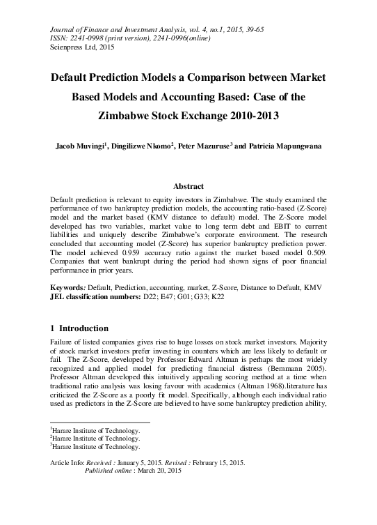 (PDF) Default Prediction Models a Comparison between Market Based Models and Accounting Based ...