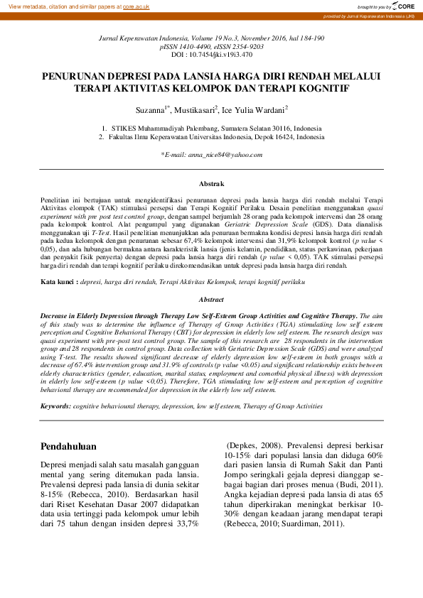 (PDF) Penurunan Depresi pada Lansia Harga Diri Rendah melalui Terapi Aktivitas Kelompok dan ...
