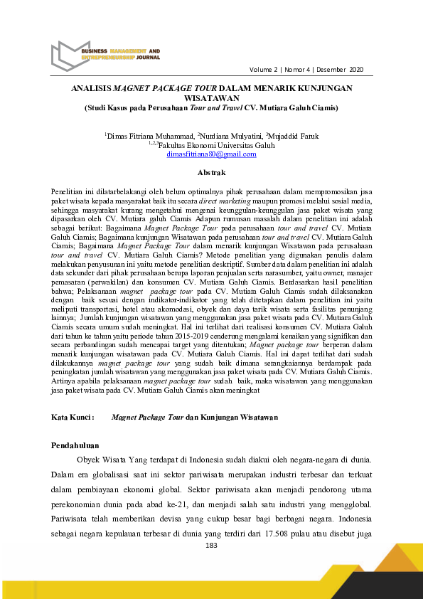 (PDF) Analisis Magnet Package Tour Dalam Menarik Kunjungan Wisatawan