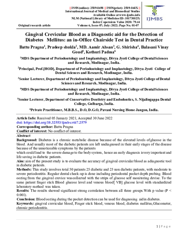 (PDF) Gingival Blood as a Diabetes Diagnostic Tool