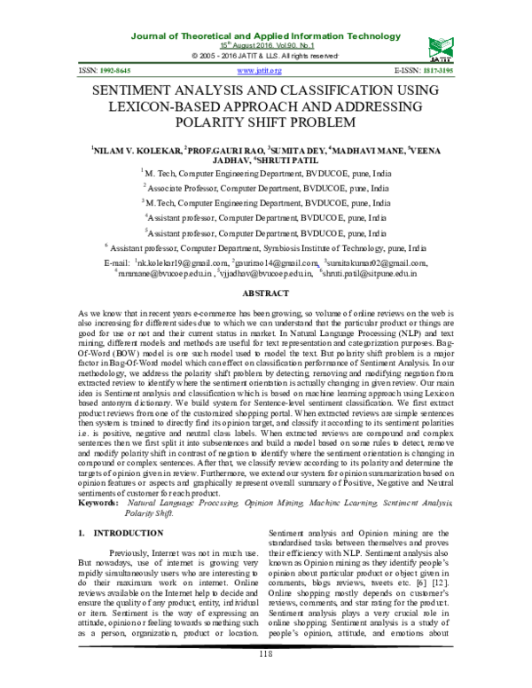 (PDF) Sentiment Analysis and Classification Using Lexicon-Based Approach and Addressing Polarity ...