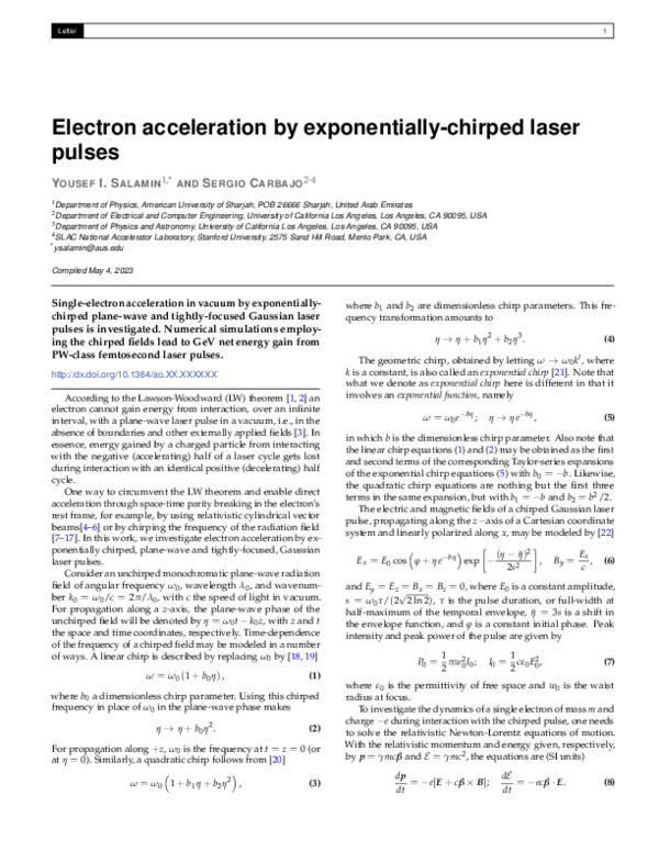 Pdf Electron Acceleration By Exponentially Chirped Laser Pulses