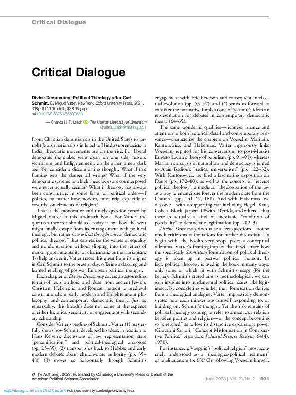 (PDF) Critical Dialogue with Charles Lesch on political theology POP ...