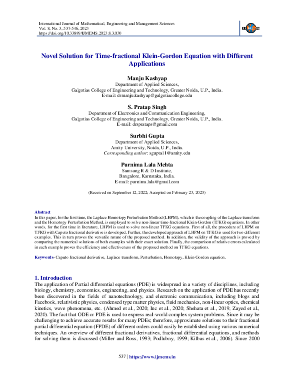 Pdf Novel Solution For Time Fractional Klein Gordon Equation With Different Applications