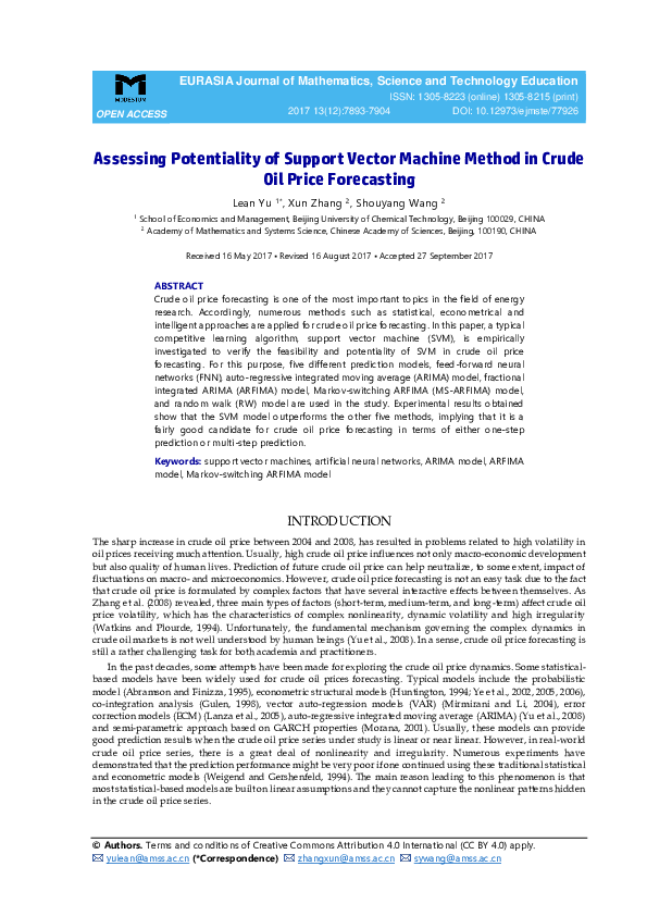 (PDF) Assessing Potentiality of Support Vector Machine Method in Crude Oil Price Forecasting