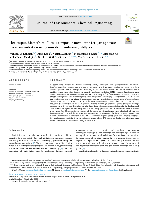 (PDF) Electrospun hierarchical fibrous composite membrane for pomegranate juice concentration ...