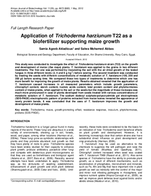 (PDF) Application of Trichoderma harziunum T22 as a biofertilizer supporting maize growth