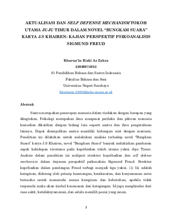 (PDF) AKTUALISASI DAN SELF DEFENSE MECHANISM TOKOH UTAMA JUJU TIMUR ...