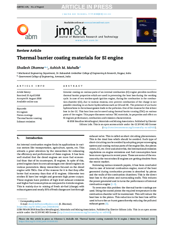 (PDF) Thermal barrier coating materials for SI engine