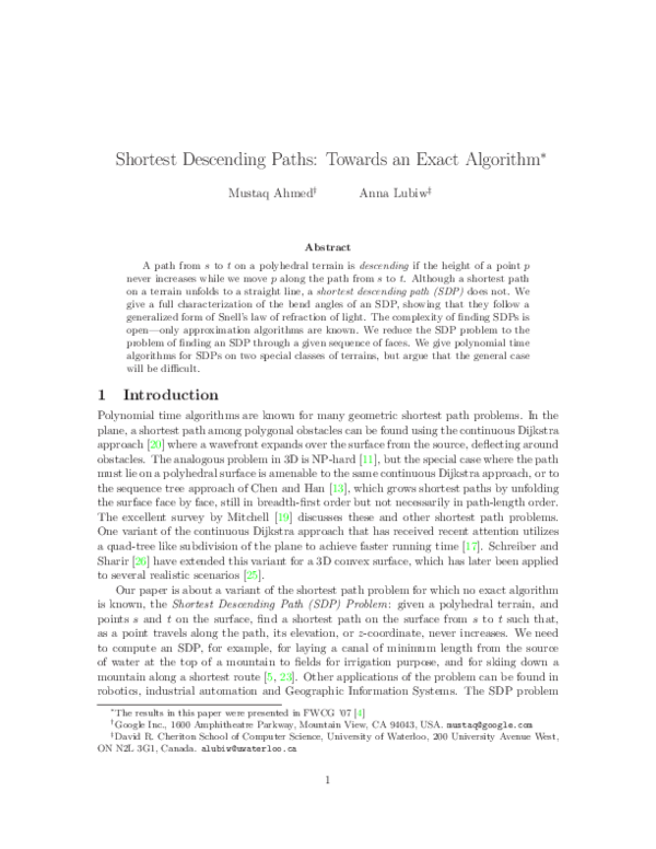 (PDF) Shortest Descending Paths: Towards an Exact Algorithm