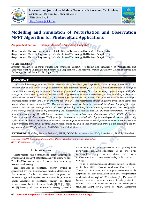 Pdf Modelling And Simulation Of Perturbation And Observation Mppt Algorithm For Photovoltaic