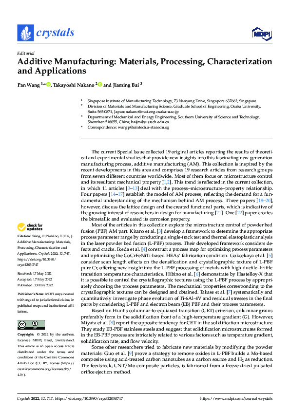 (PDF) Additive Manufacturing: Materials, Processing, Characterization and Applications