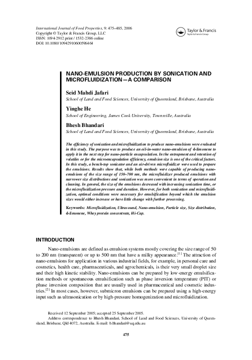 (PDF) Nano-Emulsion Production by Sonication and Microfluidization—A ...
