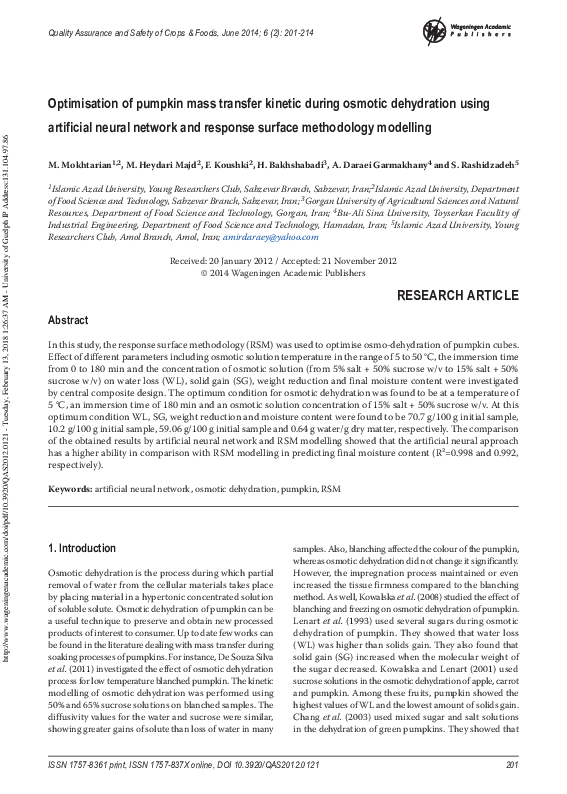 (PDF) Optimisation of pumpkin mass transfer kinetic during osmotic dehydration using artificial ...