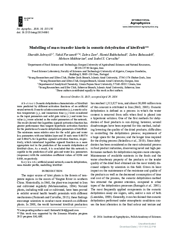 (PDF) Modelling of mass transfer kinetic in osmotic dehydration of kiwifruit