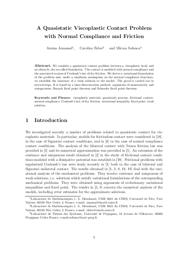 (PDF) A quasistatic viscoplastic contact problem with normal compliance and friction