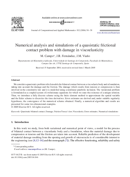 Pdf Numerical Analysis And Simulations Of A Quasistatic Frictional