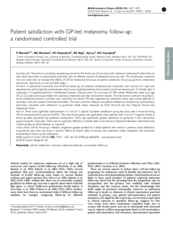 (PDF) Patient satisfaction with GP-led melanoma follow-up: a randomised ...
