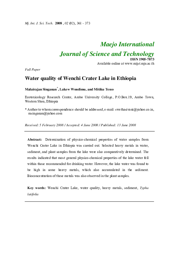 (PDF) Water quality of Wenchi Crater Lake in Ethiopia