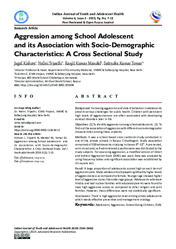 (PDF) Aggression among School Adolescent and its Association with Socio ...