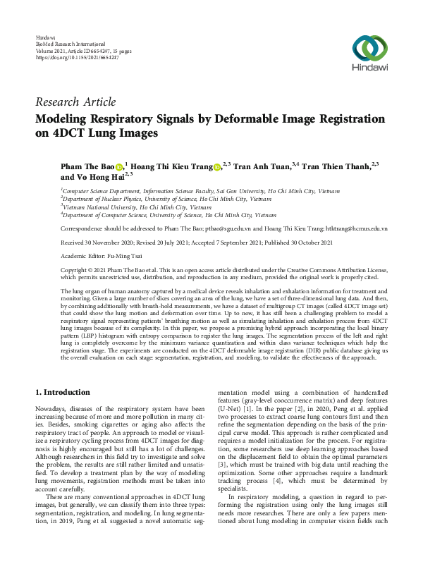 Pdf Modeling Respiratory Signals By Deformable Image Registration On 4dct Lung Images Hoang