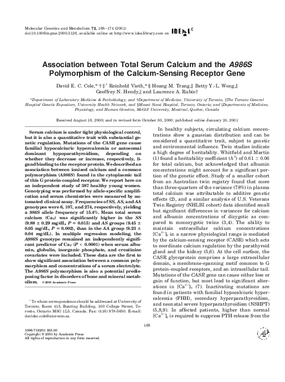 (PDF) Association between Total Serum Calcium and the A986S ...