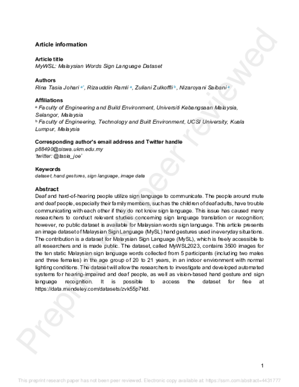 (PDF) MyWSL: Malaysian Words Sign Language Dataset
