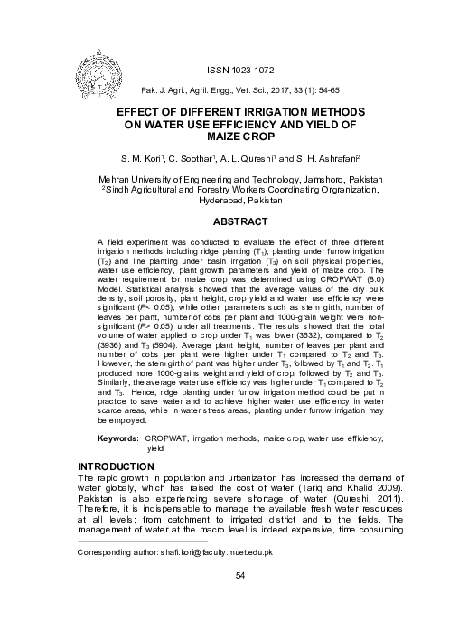 Effect Of Different Irrigation Methods On Water Use Efficiency And Yield Of Maize Crop