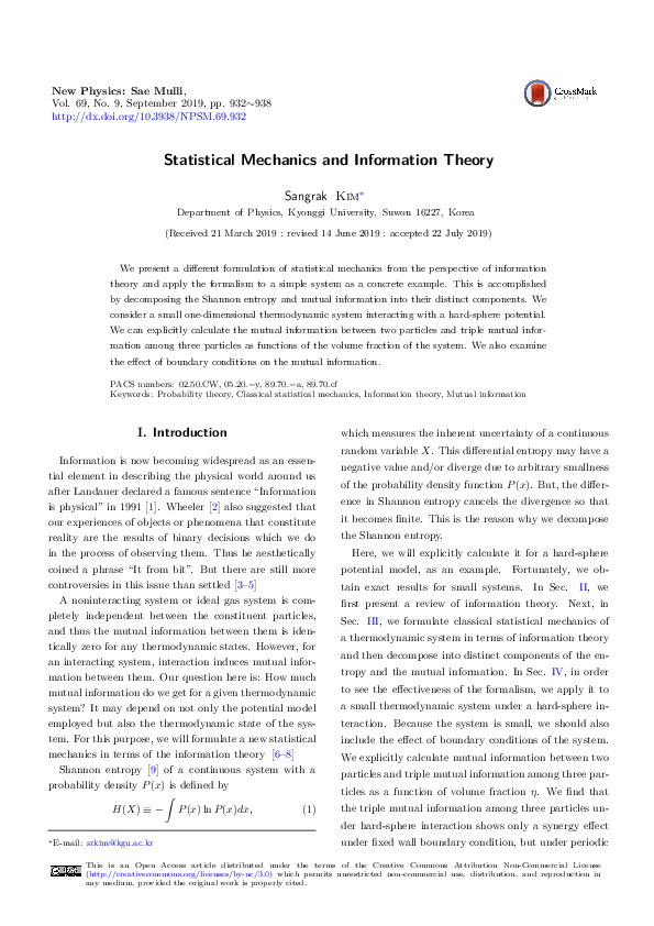 (PDF) Statistical Mechanics and Information Theory