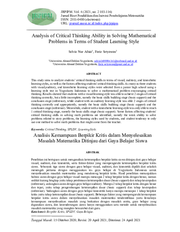 (PDF) Analisis Kemampuan Berpikir Kritis dalam Menyelesaikan Masalah Matematika Ditinjau dari ...