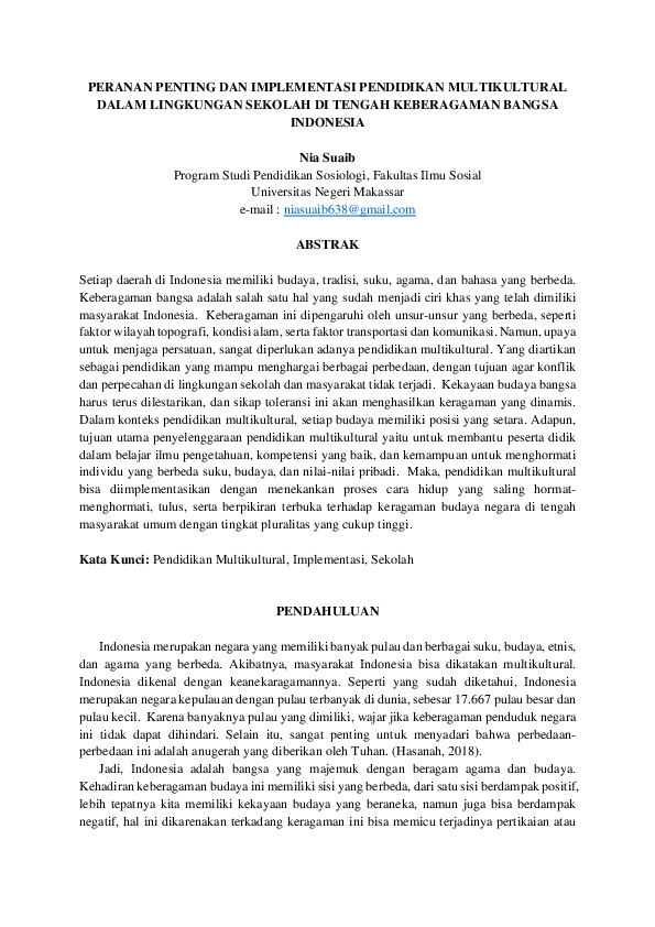 (PDF) PERANAN PENTING DAN IMPLEMENTASI PENDIDIKAN MULTIKULTURAL DALAM LINGKUNGAN SEKOLAH DI ...