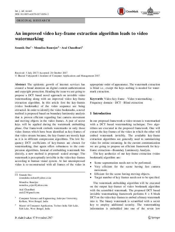 (PDF) An improved video key-frame extraction algorithm leads to video watermarking