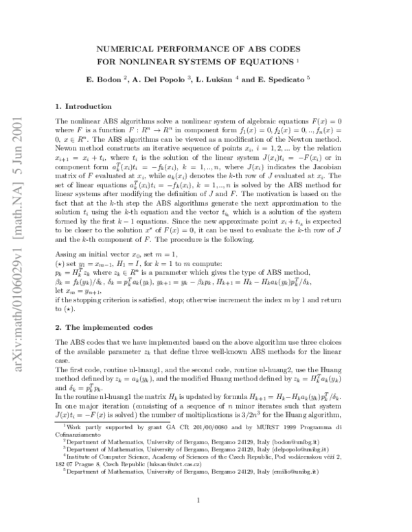(PDF) Numerical Performance of Abs Codes for Nonlinear Systems of Equations