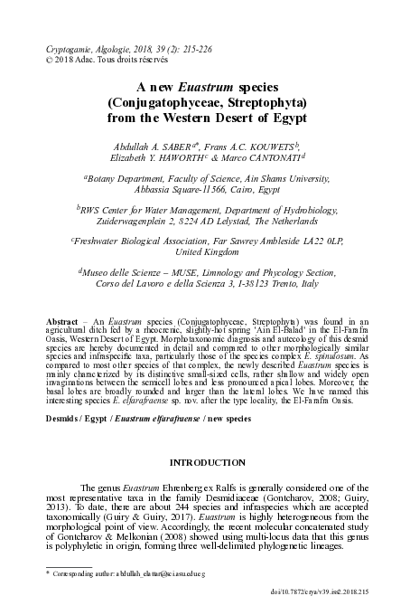 (PDF) A NewEuastrumSpecies (Conjugatophyceae, Streptophyta) from the ...