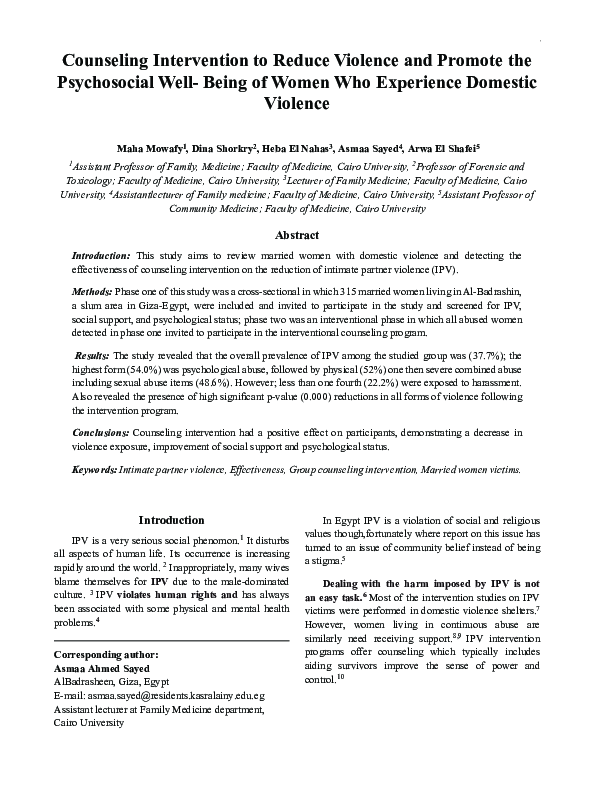 (PDF) Counseling Intervention to Reduce Violence and Promote the ...