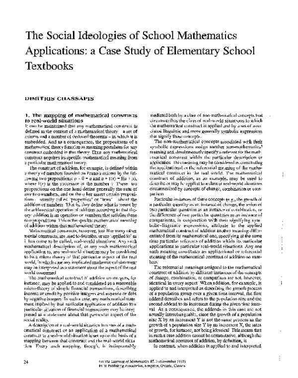 (PDF) The social ideologies of school mathematics applications: A case study of elementary ...